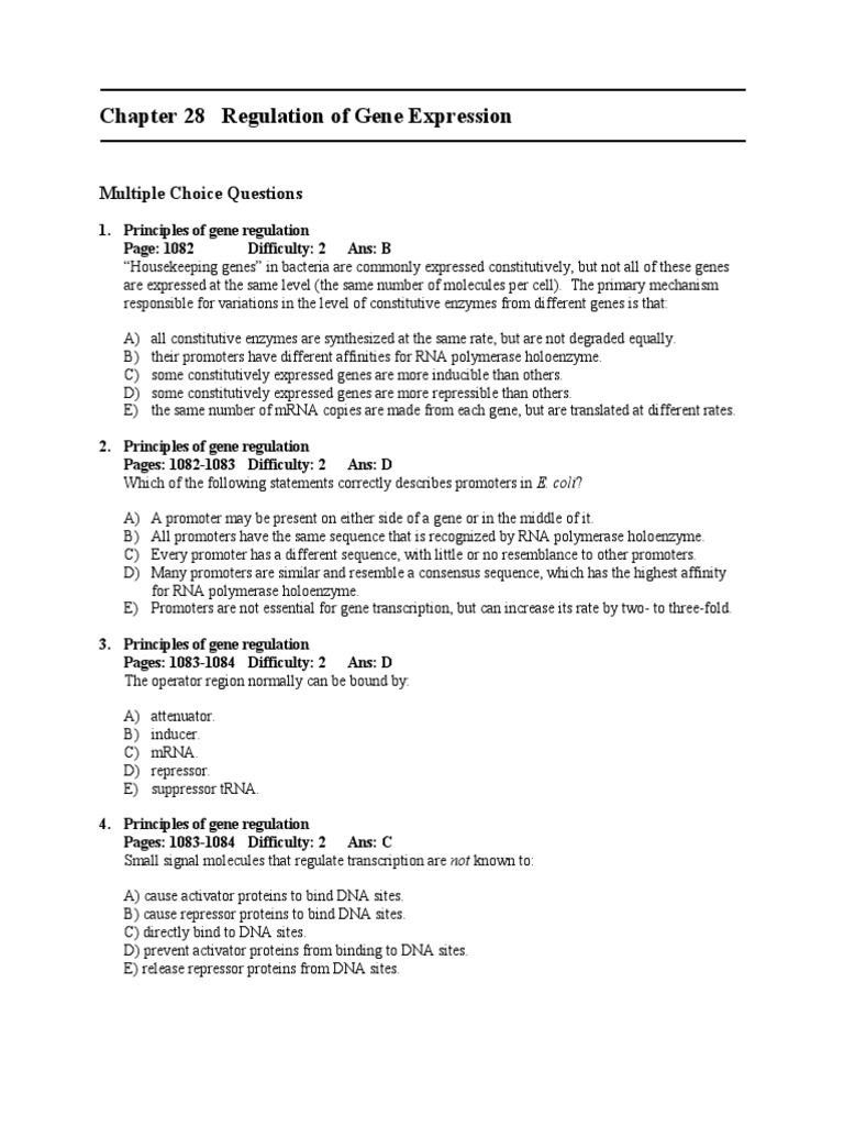 Chapter 28 Regulation of Gene Expression: Multiple Choice Questions ...
