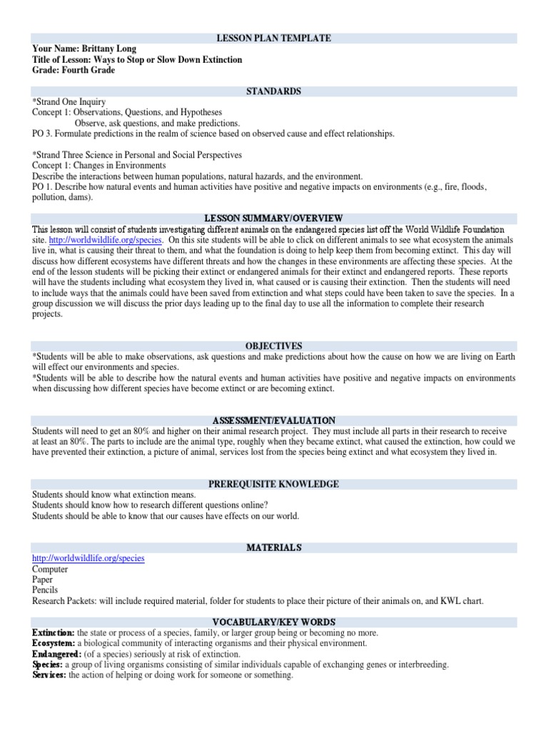 Lesson Plan Template Sustain | PDF | Extinction | Endangered Species