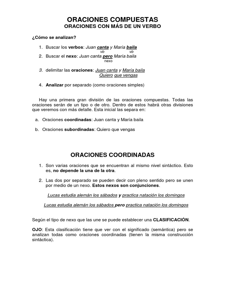 Analisis Sintactico De Las Oraciones Compuestas Pdf Oración