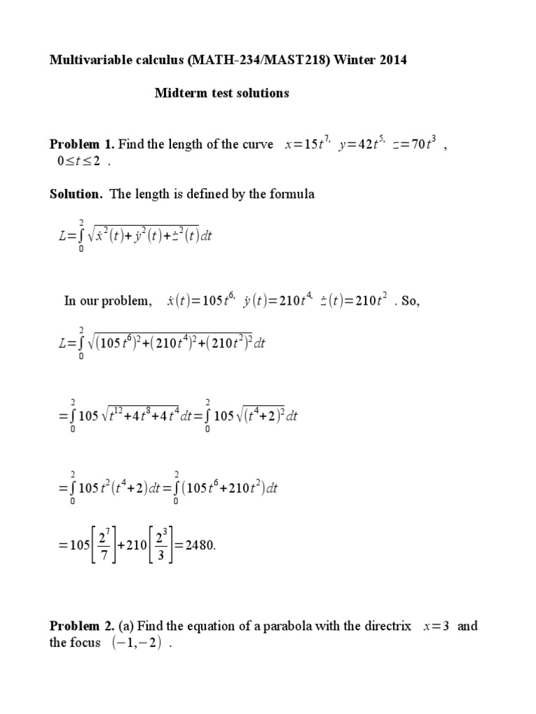 Multivariable Calculus (MATH-234/MAST218) Winter 2014 Midterm Test ... Multivariable Calculus (MATH-234/MAST218) Winter 2014 Midterm Test ...