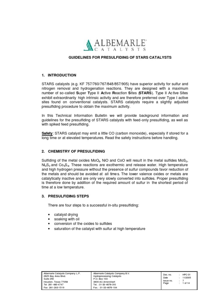 HPC-31 - Guidelines STARS Presulfiding | PDF | Catalysis | Chemical Reactor