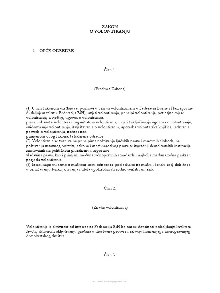 Zakon o Volontiranju FBiH | PDF