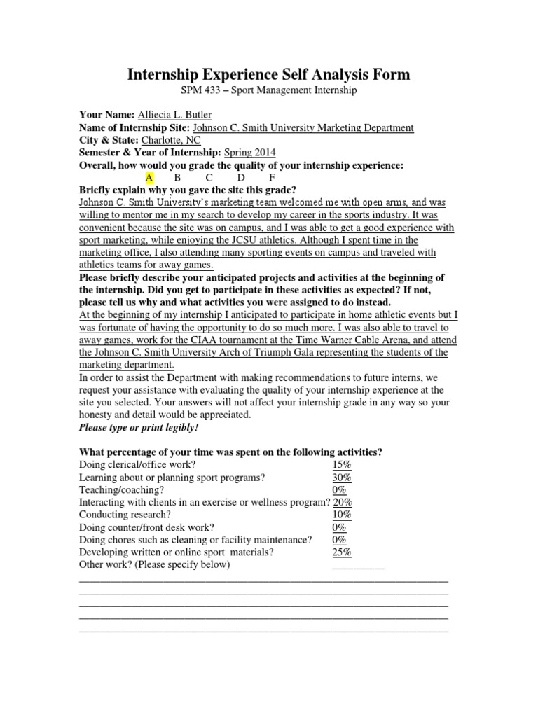 Internship Experience Self Analysis Form | PDF | Internship | Job Hunting