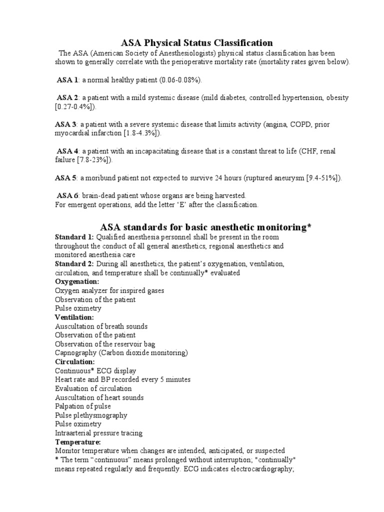 ASA Physical Status Classification | PDF | Anesthesia | Heart