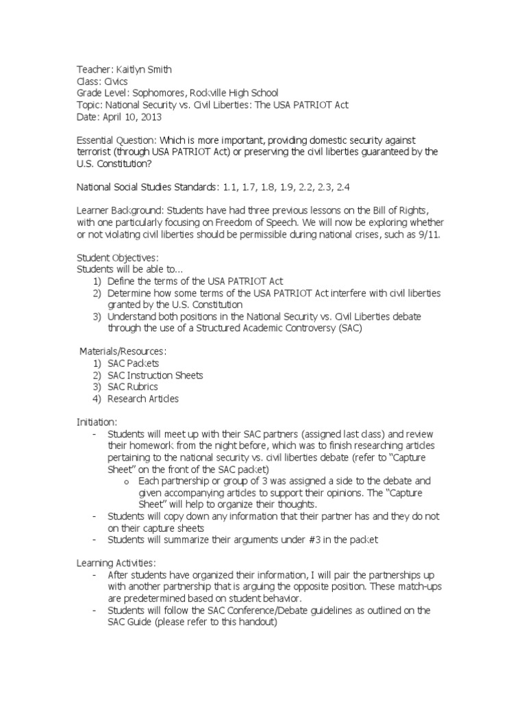 National Security Vs Civil Liberties Lesson Plan | PDF | Patriot Act ...