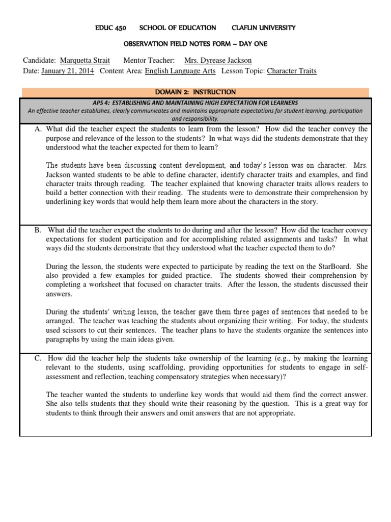 Observation Field Notes | Reading Comprehension | Classroom