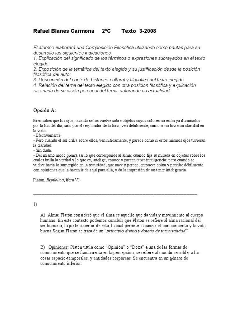 Examen Platón - Rafael Blanes - 2º Bach C | PDF | Platón | Alma