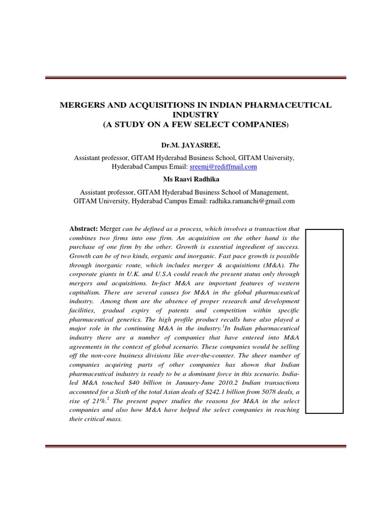 M&A Pharama | PDF | Mergers And Acquisitions | Pharmaceutical Industry