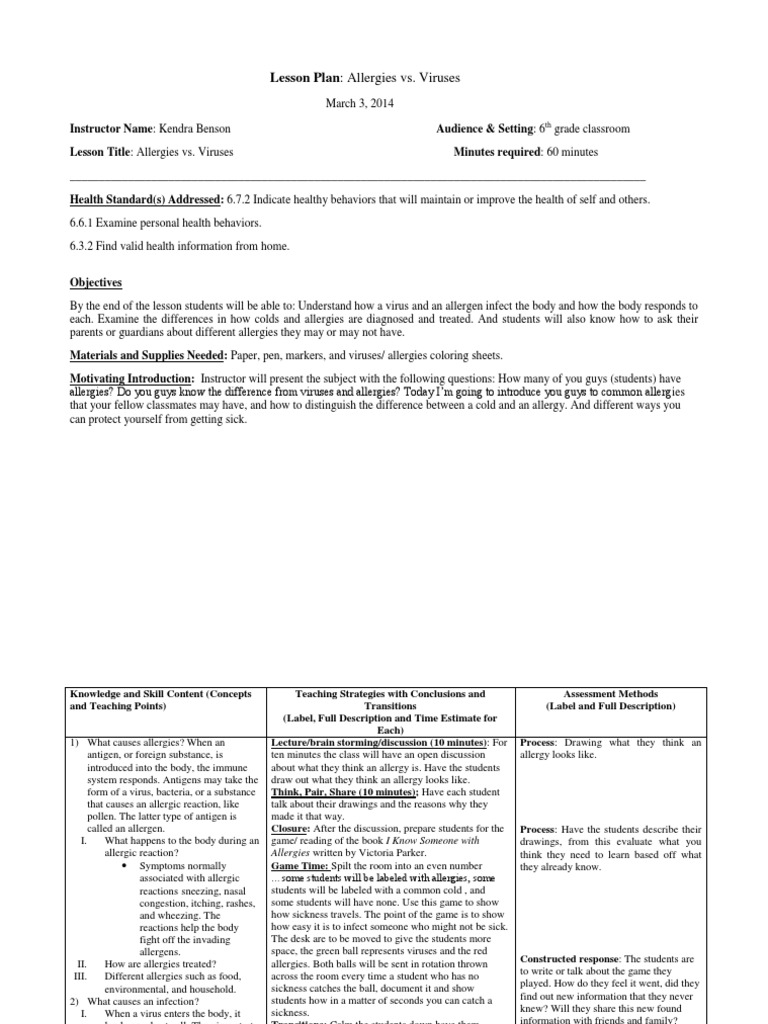 Lesson Plan For Health | PDF | Allergen | Allergy