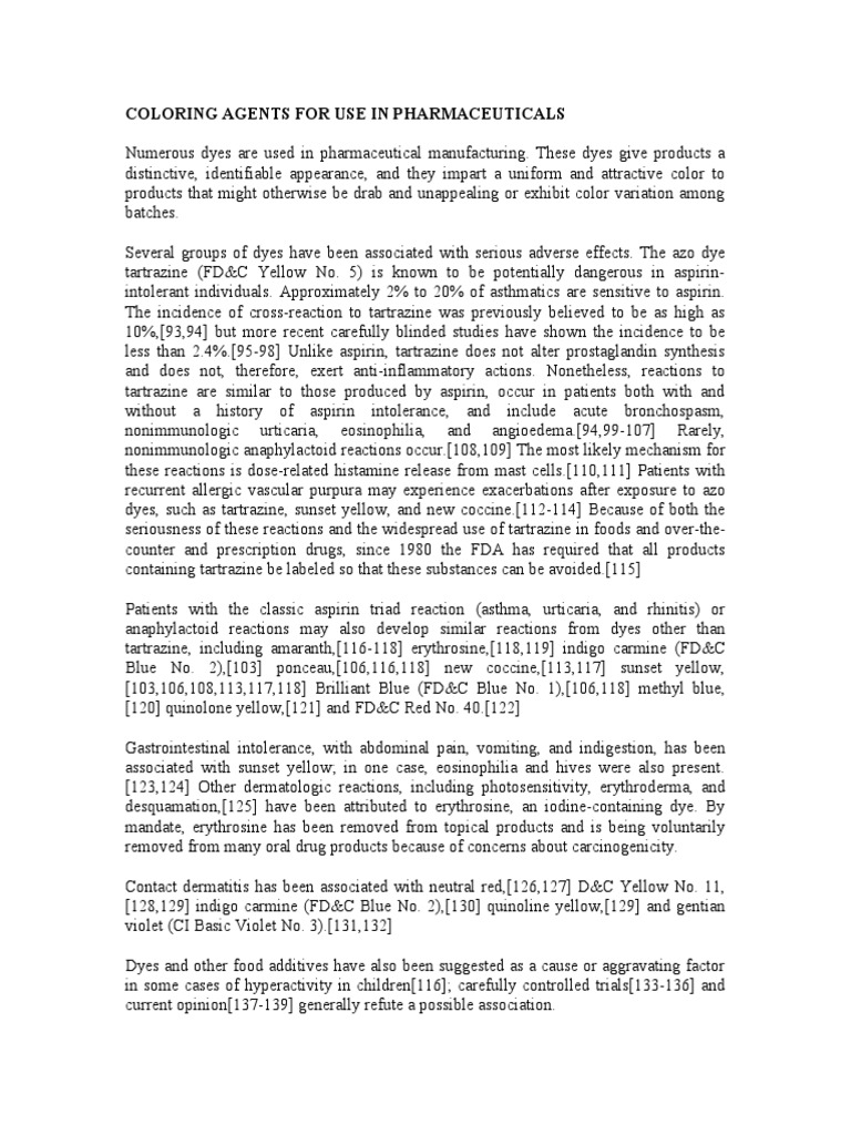 Coloring Agents For Use in Pharmaceuticals | PDF | Aspirin | Asthma