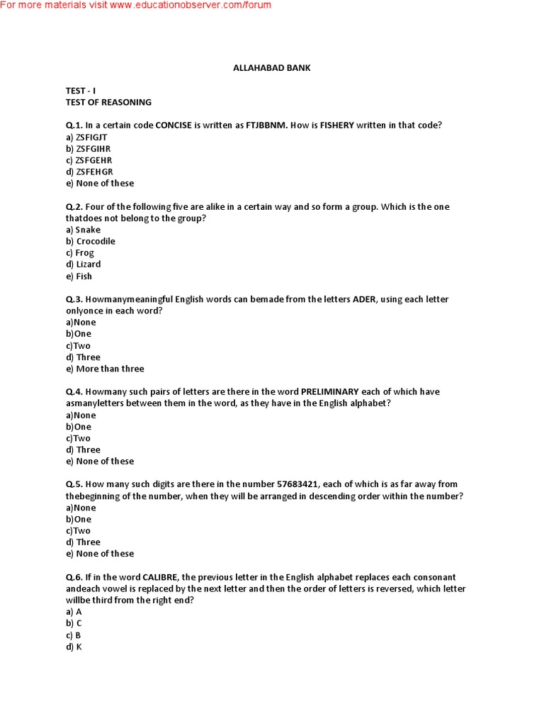 IBPS PO Model Paper - Allahabad Bank Probationary Officer Exam Previous ...
