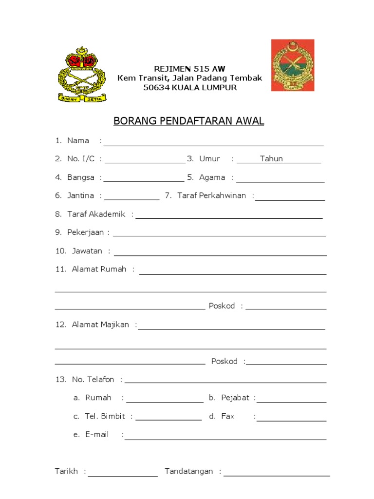 Borang Pendaftaran Rekrut Rejimen 515 Askar Wataniah | PDF