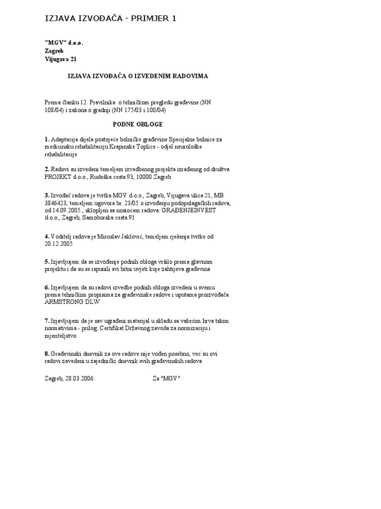 Izjava Izvodjaca Radova o Izvedenim Radova