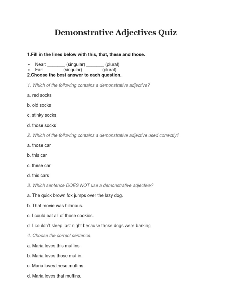 Demonstrative Adjectives Quiz | PDF