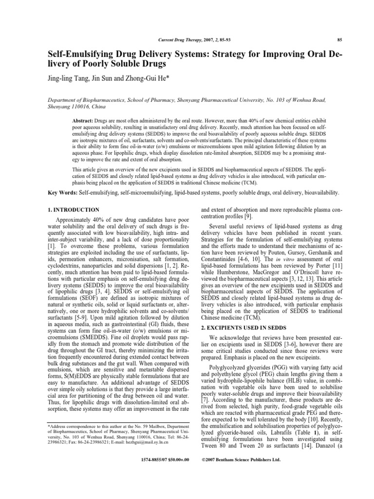 Self Emulsifying Drug Delivery Systems (Strategy For Improving Oral ...