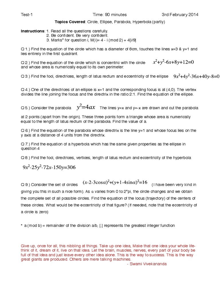 Geometry Test: Circles, Ellipses, Parabolas, Hyperbolas | PDF ...