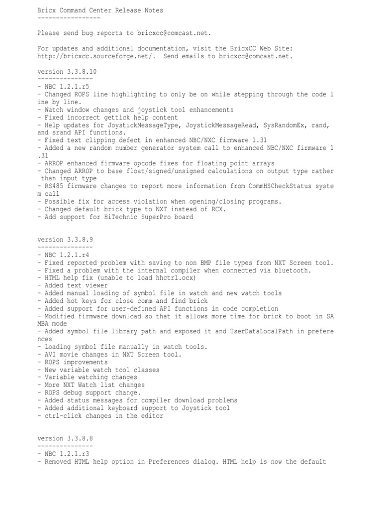 Bricxcc Release Notes | PDF | Command Line Interface | Html