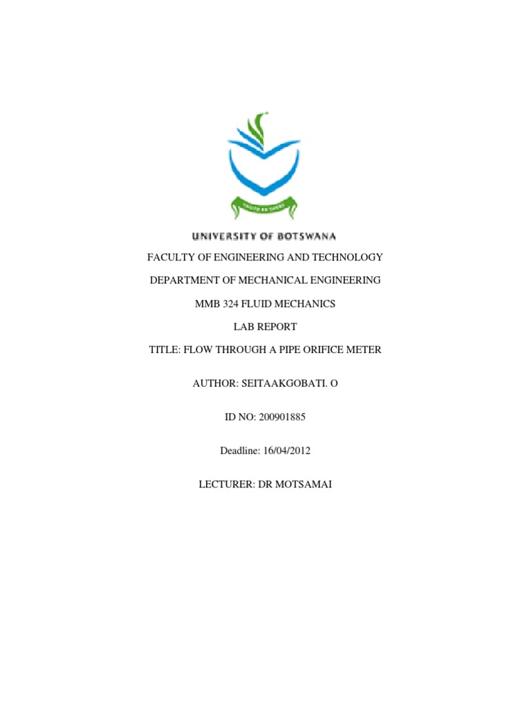 Flow Through A Pipe Orifice Meter Lab | PDF | Fluid Dynamics ...