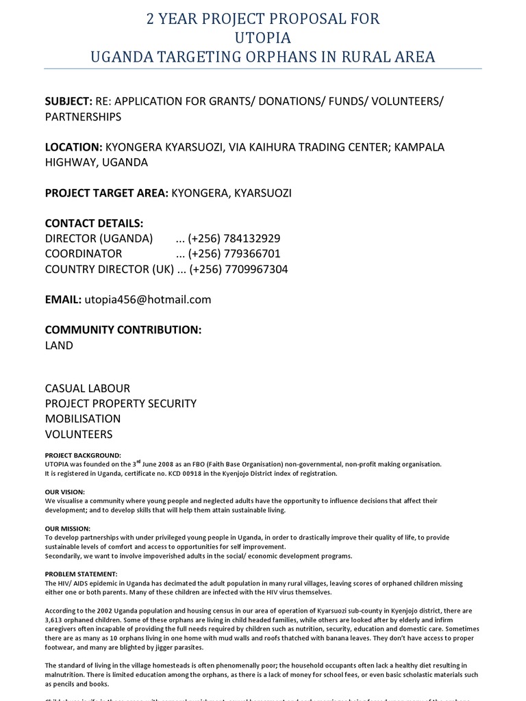 Utopia Project Proposal for Orphans | PDF | Uganda | Hiv/Aids