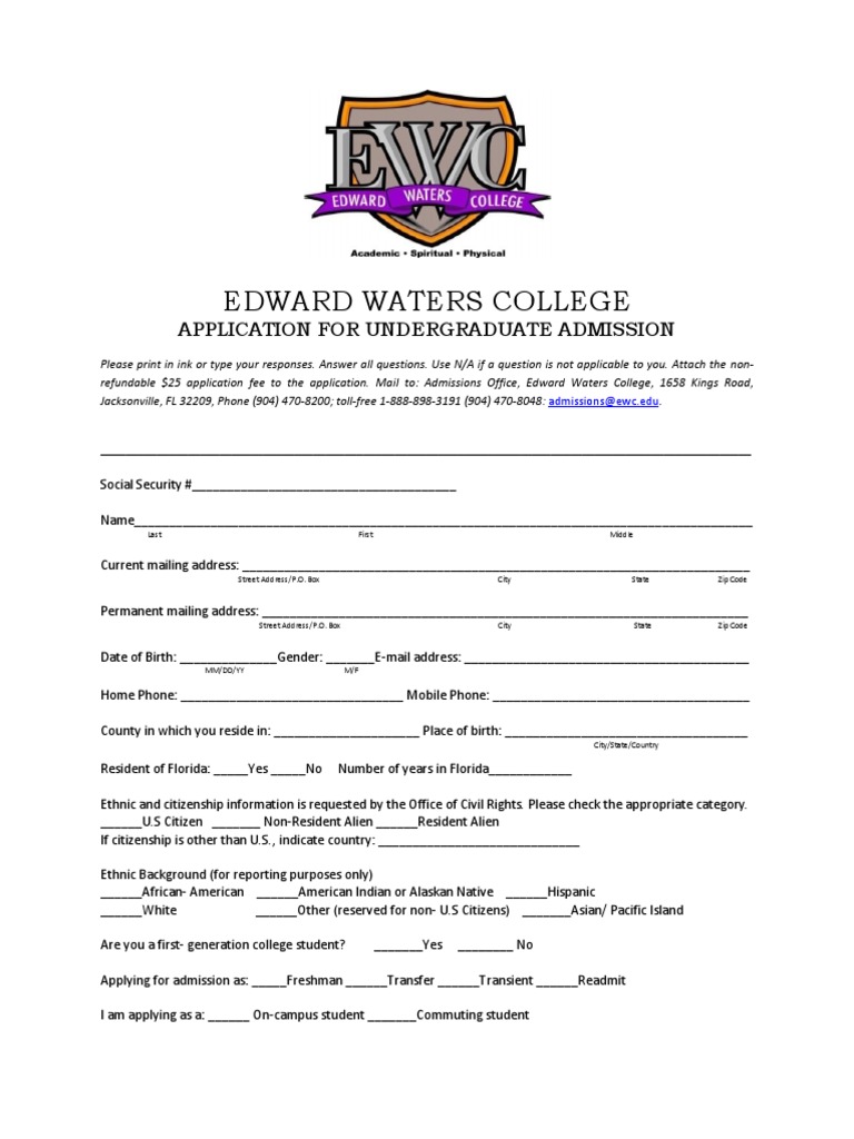 Edward Waters College: Application For Undergraduate Admission | PDF ...