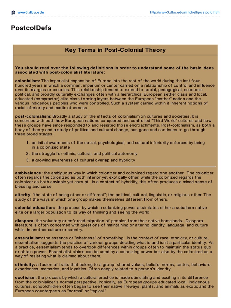 Key Concepts in Post-Colonial Theory | PDF | Postcolonialism | Ethnic ...