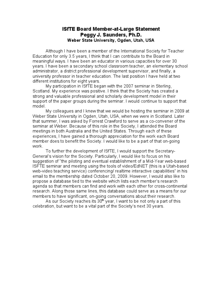 ISfTE Board Member Statement by Peggy Saunders | PDF | Wellness