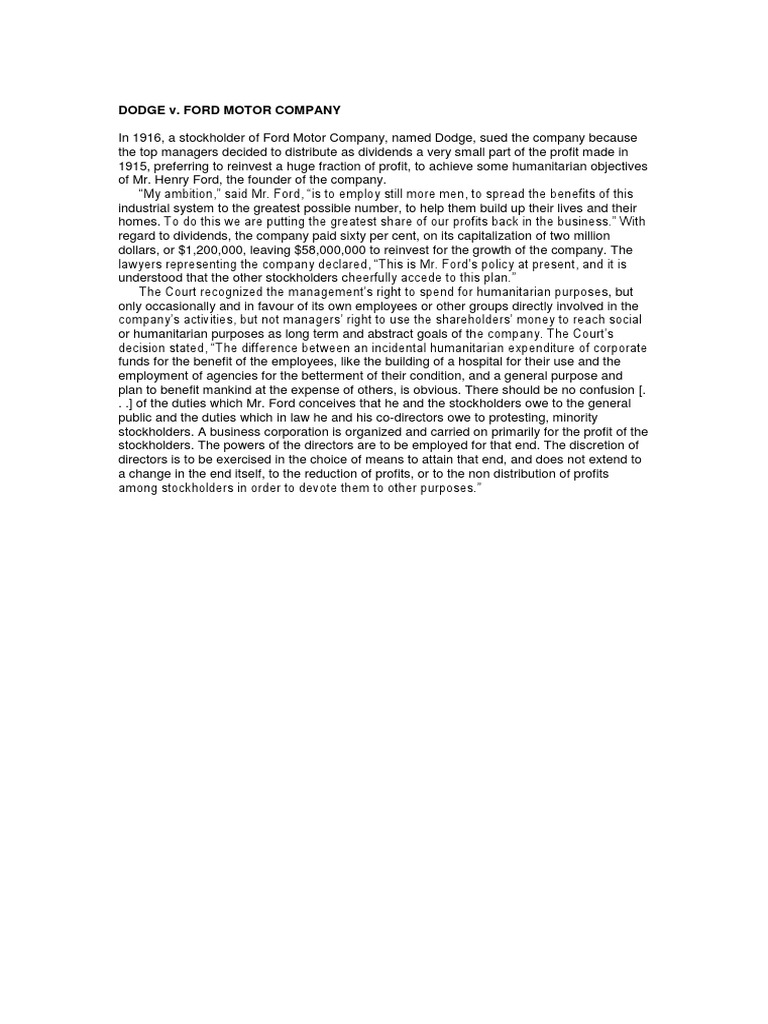 Dodge v. Ford: Shareholder Rights Case | PDF