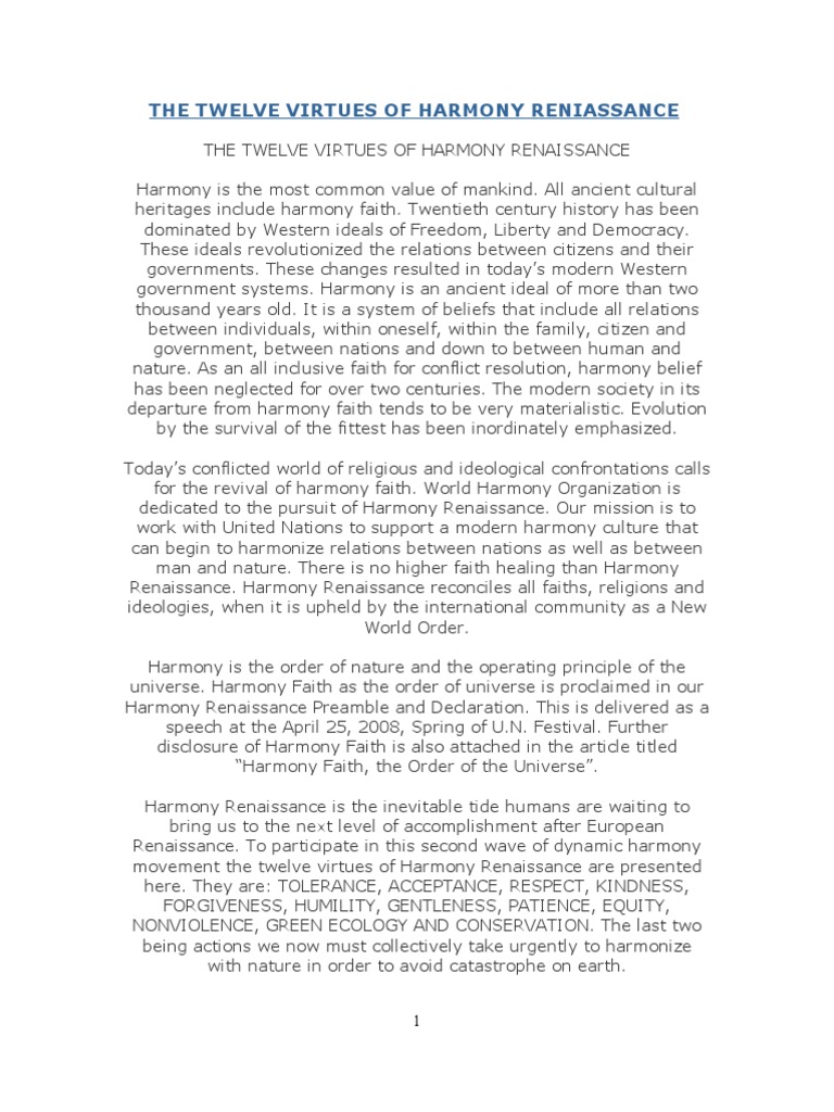 The Twelve Virtues of Harmony Reniassance | PDF | Virtue | Faith