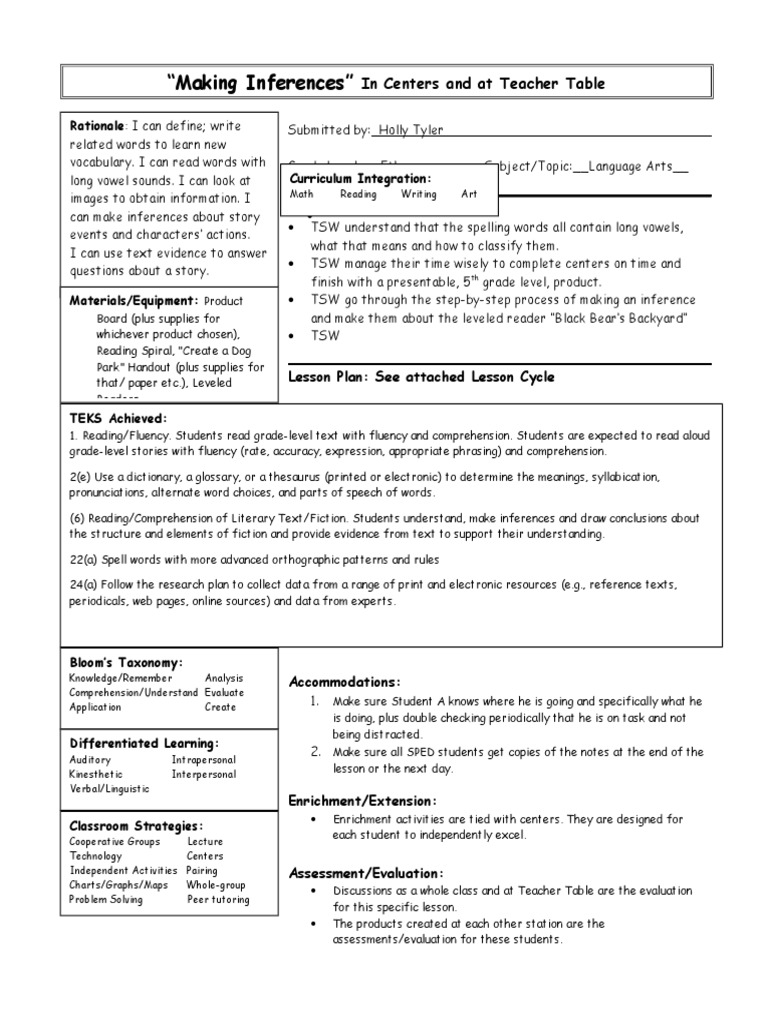 5th Grade Inference Lesson Plan | PDF | Reading Comprehension | Lesson Plan