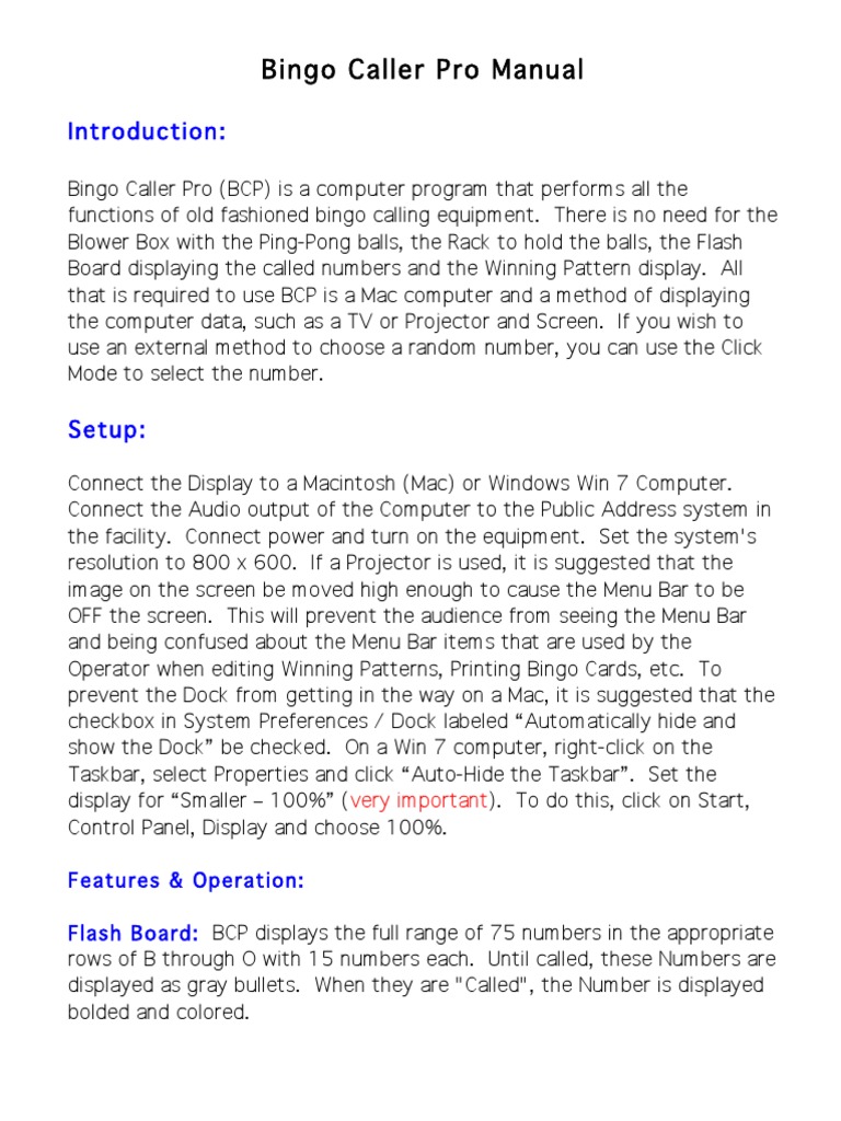 Bingo Caller Pro Manual | PDF | Button (Computing) | Graphical User Interfaces