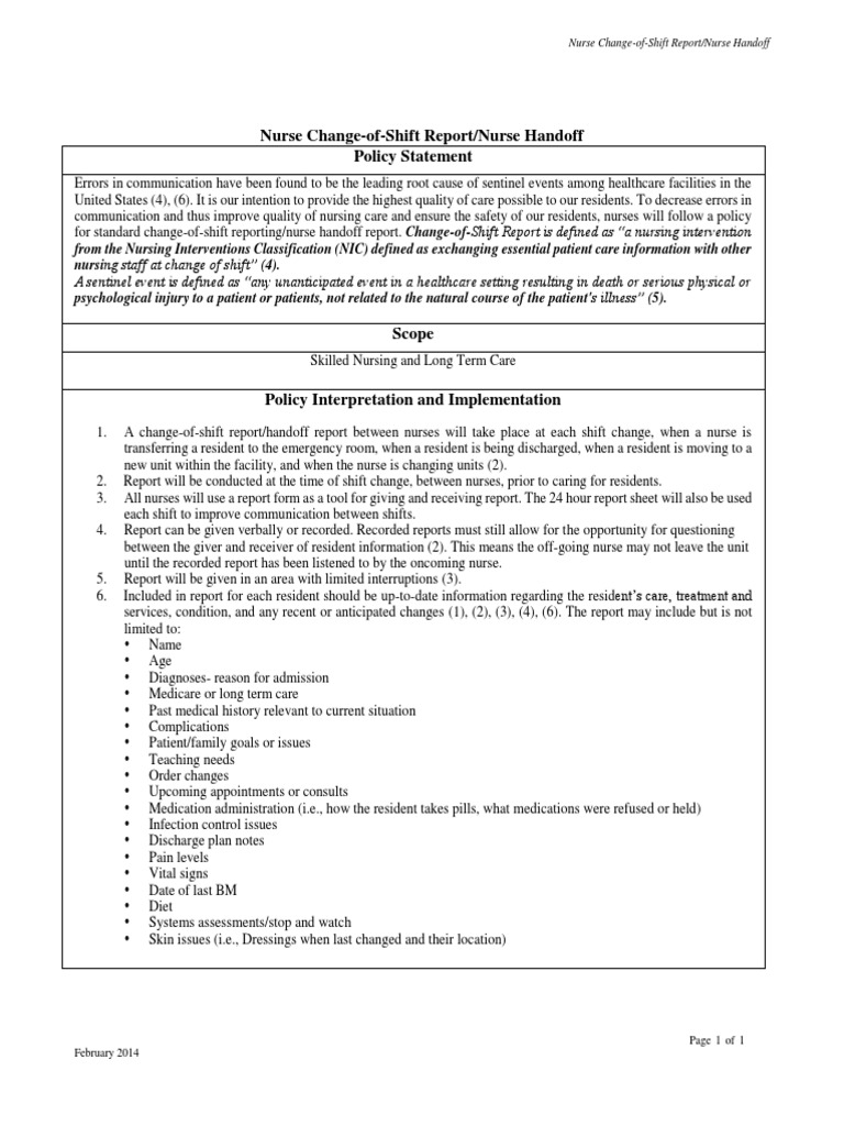 Nurse Change-Of-Shift Report Policy | PDF | Nursing | Joint Commission