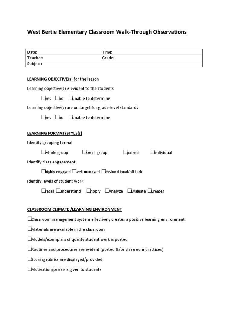 Classroom Walk-Through Observation Guide | PDF