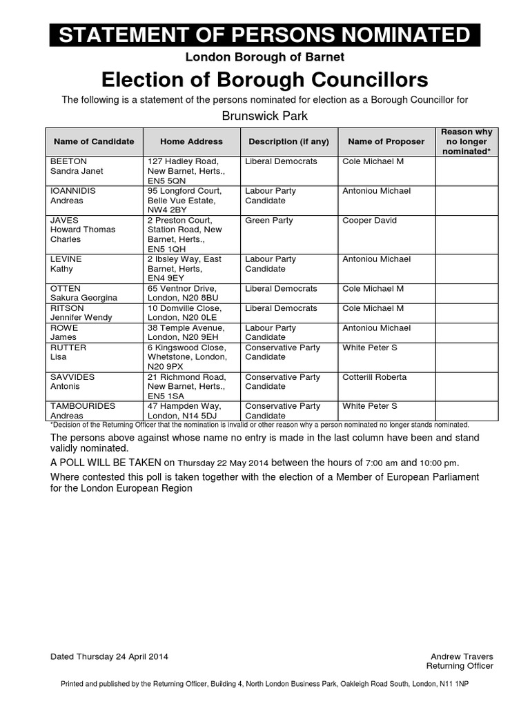Barnet Council Election Nominees | PDF