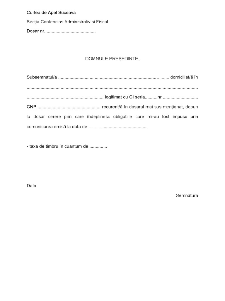 Model Cerere Depunere Acte La Dosar | PDF