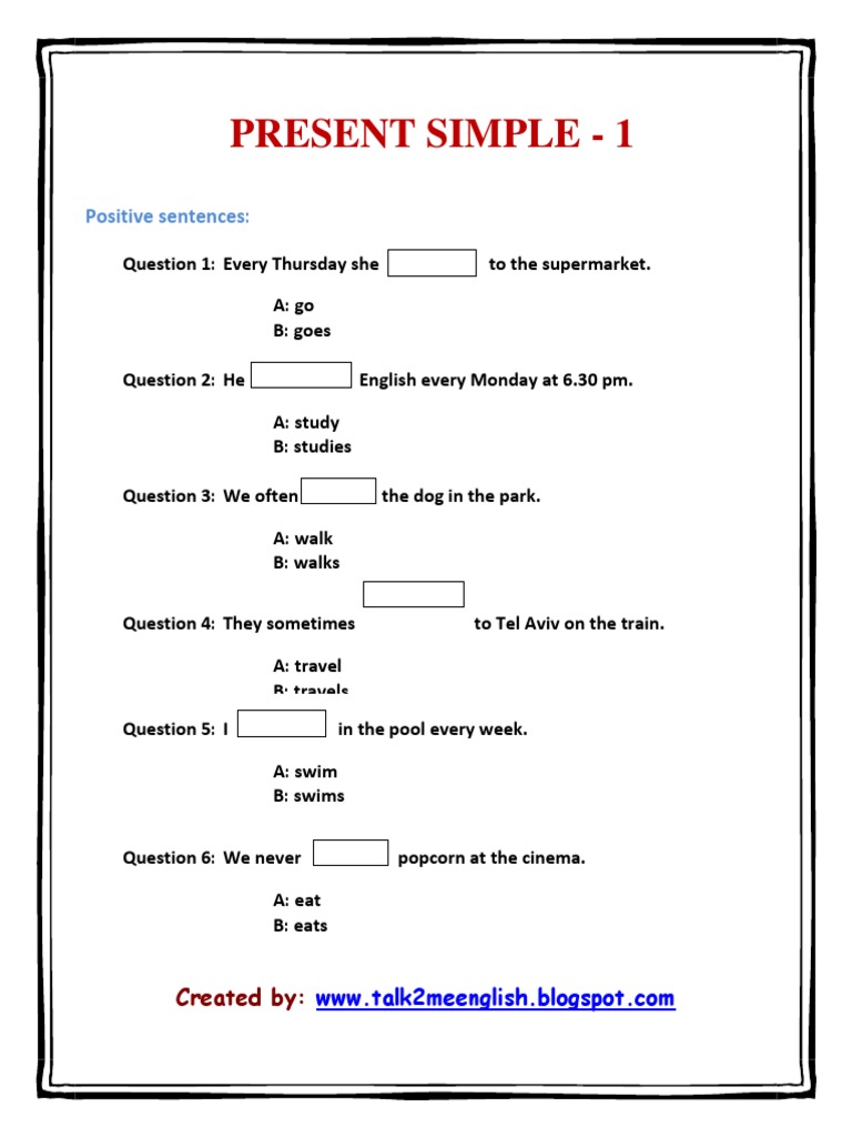 Present Simple Positive Sentences Quiz | PDF