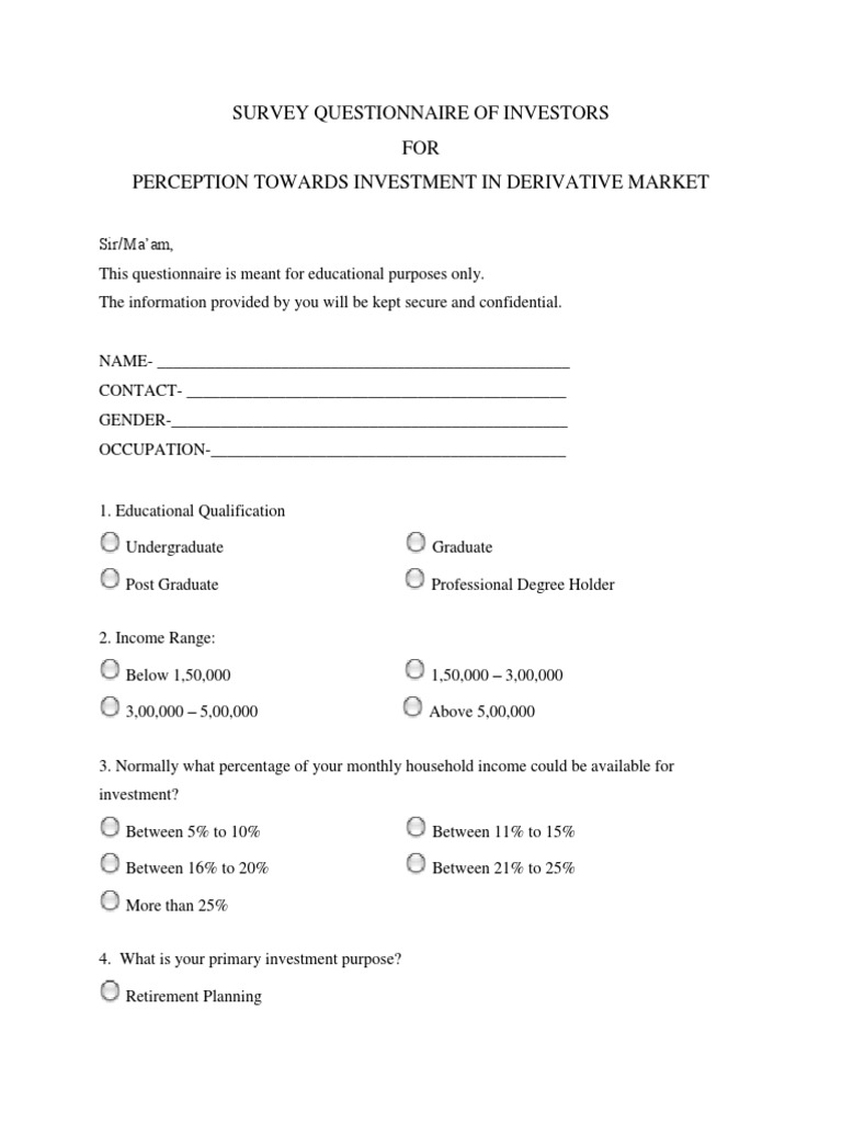 Survey Questionnaire of Investors | PDF | Derivatives Market ...