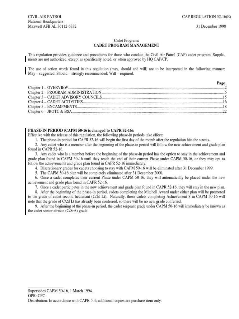 CAP Regulation 52-16 - 12/31/1998 | PDF | Cadet Grades And Insignia Of ...