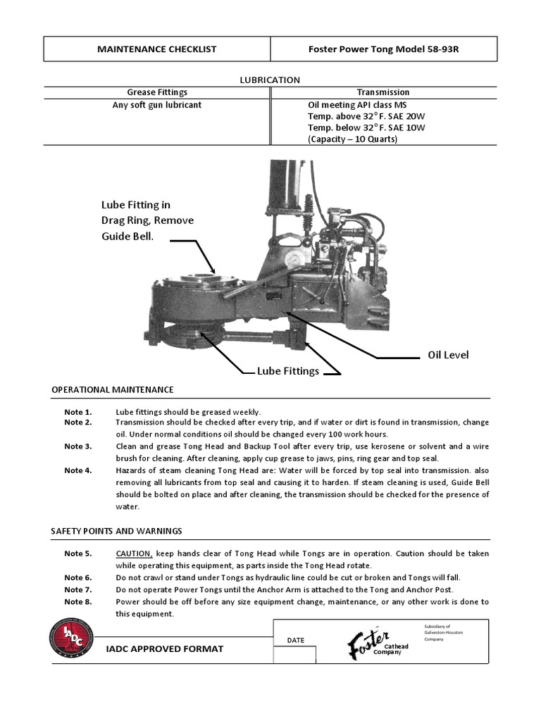 Maintenance Checklist - Foster Power Tong