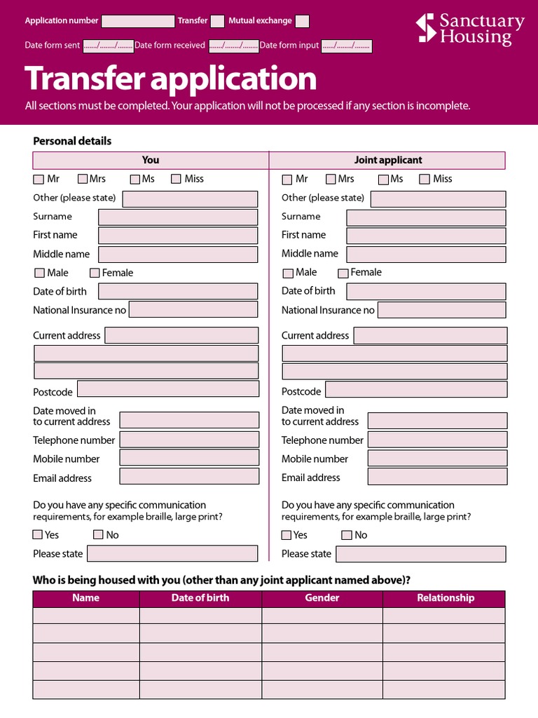 Sanctuary Housing Transfer Application Form | PDF | Caregiver | Disability