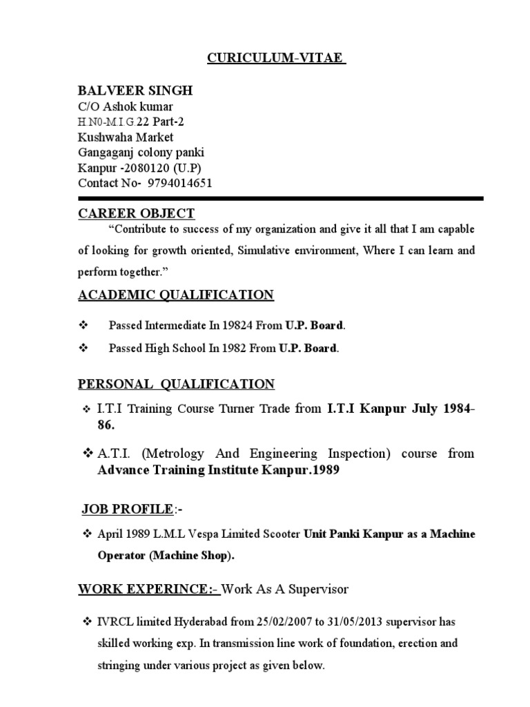 Balveer Singh's CV and Contact Info | PDF