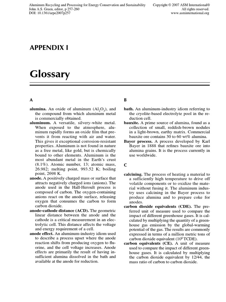 Glossary: Appendix I | PDF | Aluminium | Electrochemistry