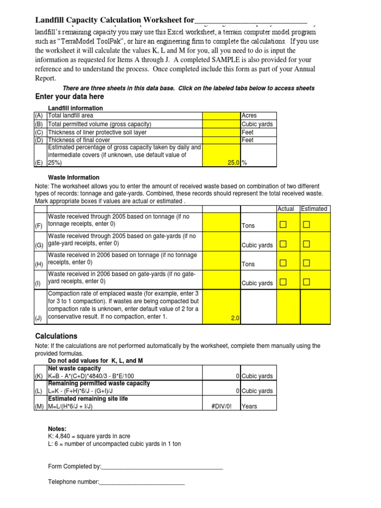 Landfill Capacity Calculation Worksheet | PDF | Tonnage | Landfill
