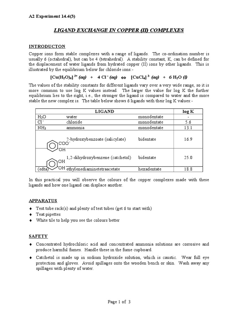 A2 Expt 14.4 (3) Ligand Exchange in Copper Complexes | PDF | Coordination Complex | Ligand
