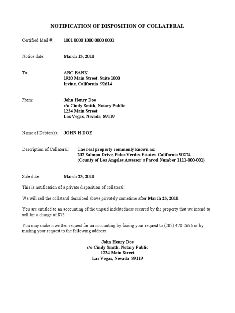Notice of Disposition of Collateral | PDF | Travel | Law