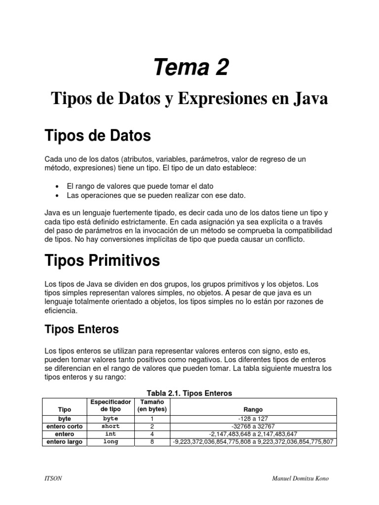 Tema 2 Tipos De Datos Y Expresiones En Java Pdf Tipo De Datos Java Lenguaje De
