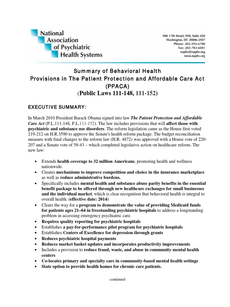 (Public Laws 111-148,: Summary of Behavioral Health Provisions in The ...