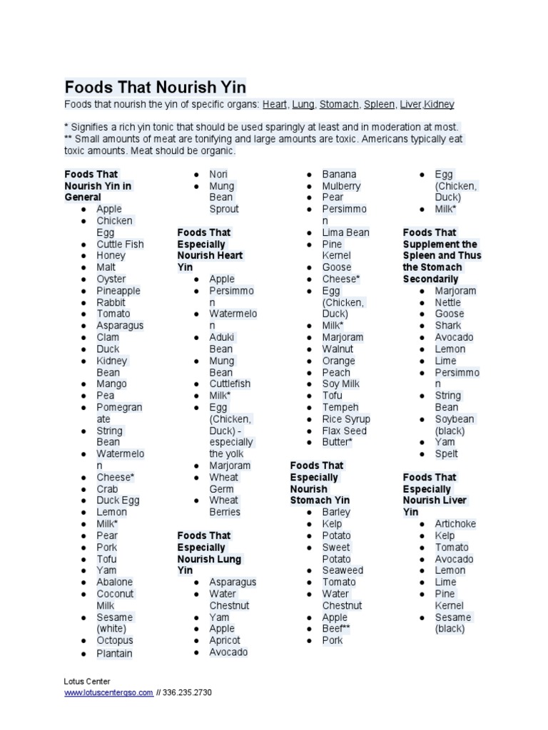 Ying Yang Food List