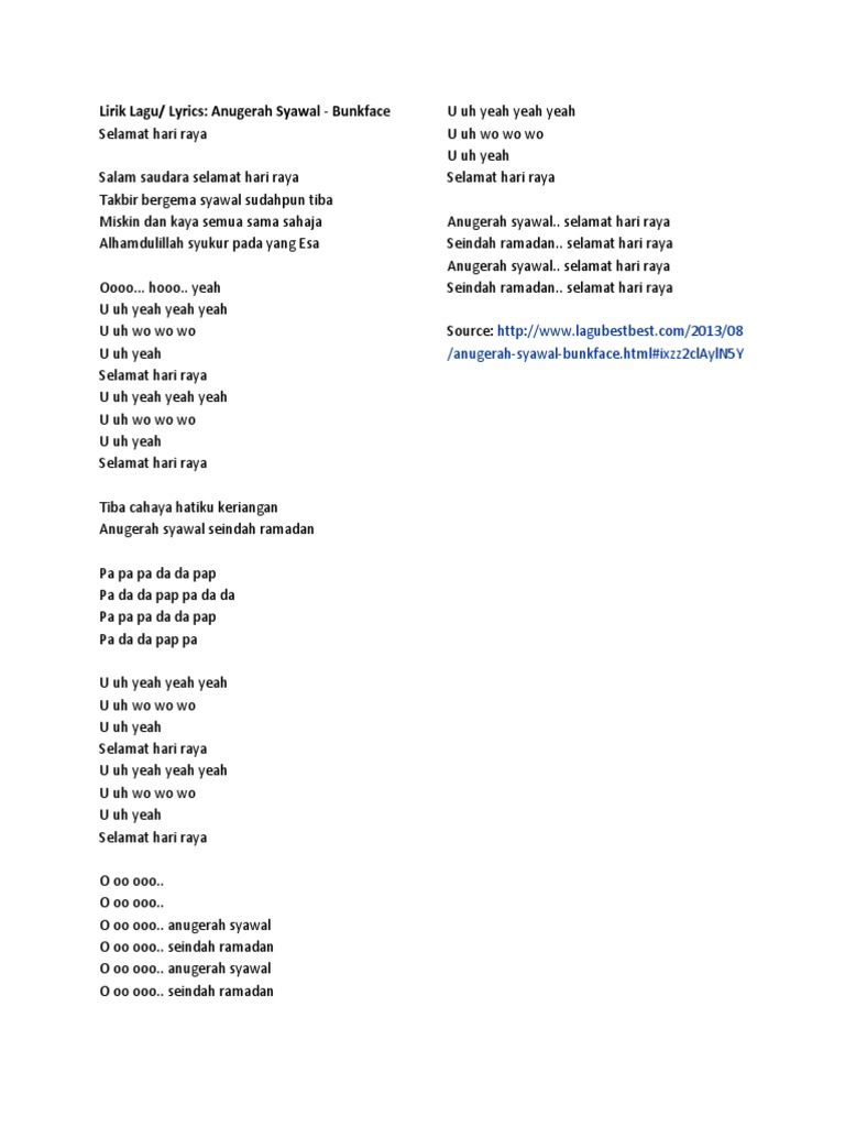 Lirik Lagu Raya Bunk Face | PDF