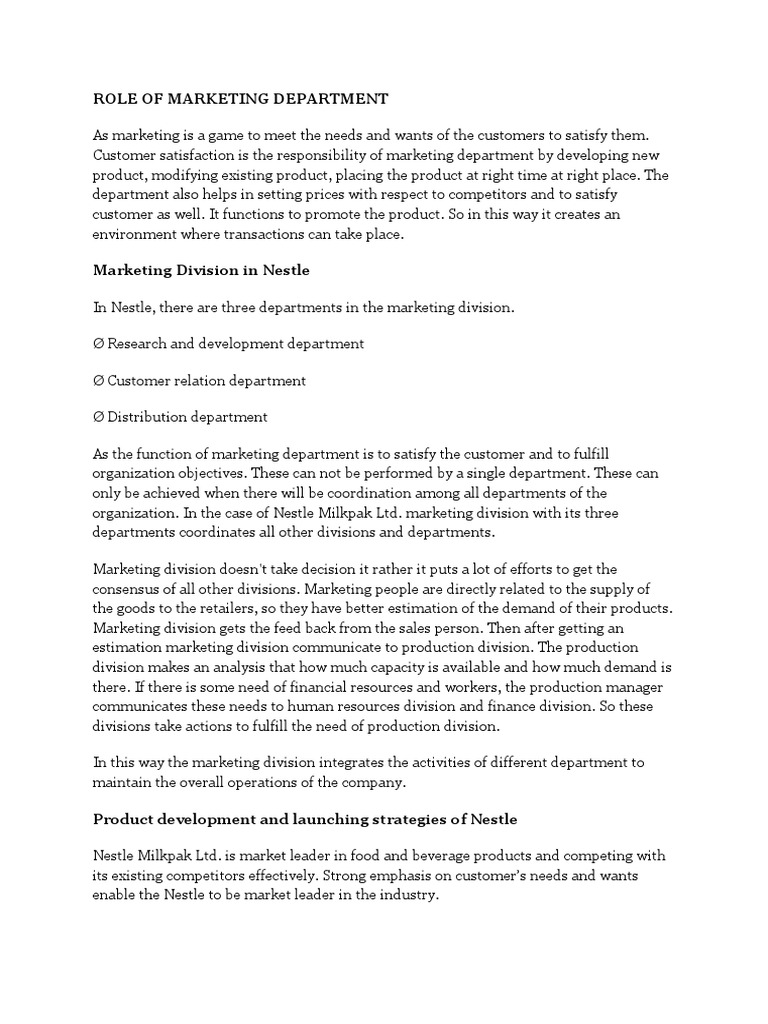 Role of Marketing Department | PDF | Nestlé | Marketing