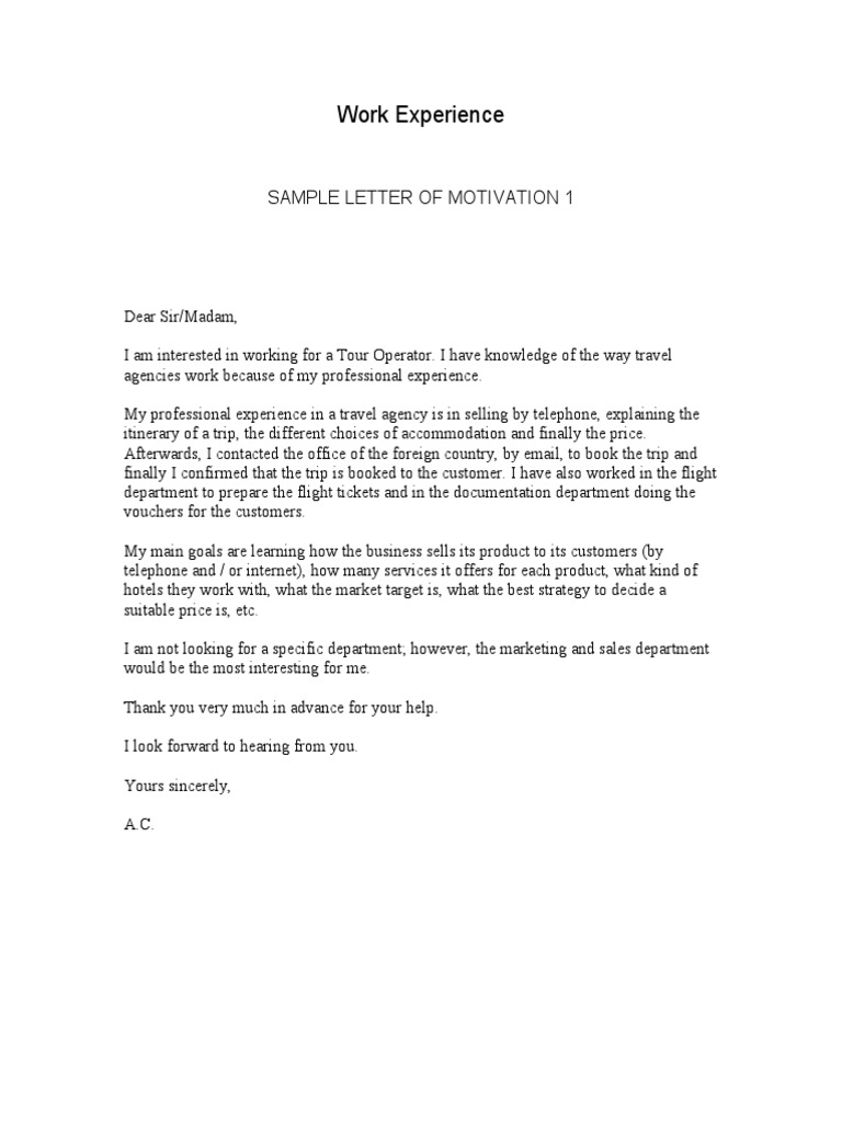 Work Experience: Sample Letter of Motivation 1 | PDF